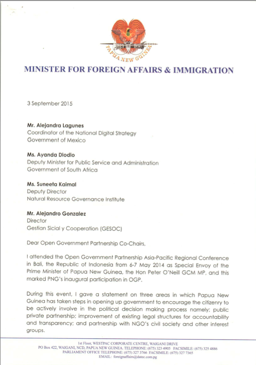 Papua New Guinea Letter of Intent to Join OGP Papua New Guinea Letter of Intent to Join OGP
